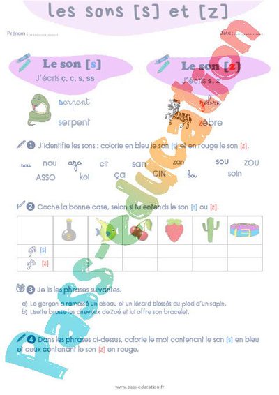 Confusion entre les sons [s] et [z] – CP – CE1 – Exercices de phonologie avec les corrections ...