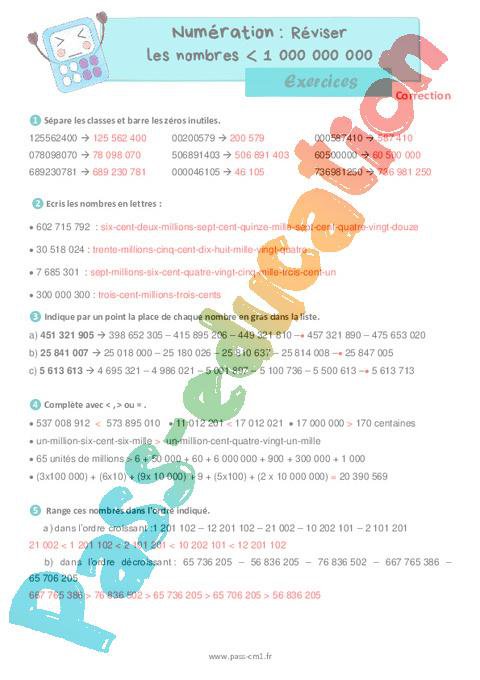Les nombres inférieurs à 1 000 000 000 – Exercices de numération pour ...
