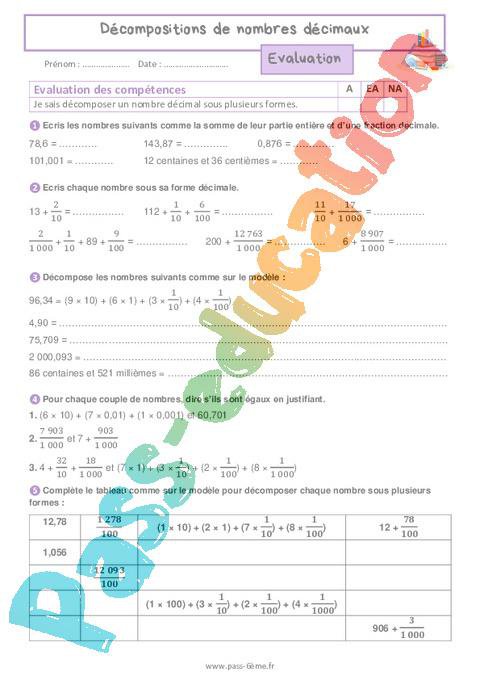 Décompositions de nombres décimaux – Évaluation de numération pour la ...