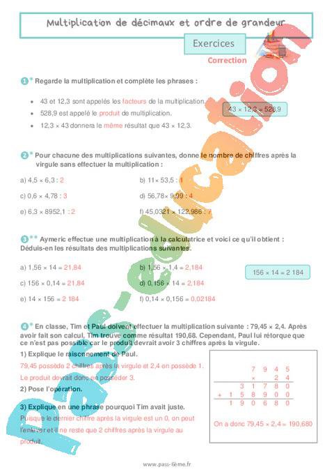Multiplication de décimaux et ordre de grandeur – Exercices de nombres ...
