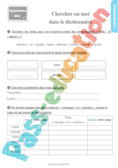 Chercher un mot dans le dictionnaire au Ce1 – Exercices, révisions par ...