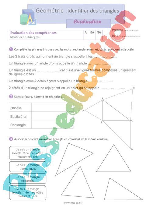 Identifier des triangles – Évaluation pour le ce2 – Cycle 2 – PDF à ...