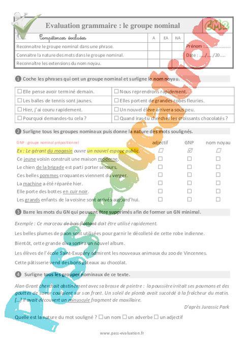 Le groupe nominal au Cm2 – Evaluation: QCM – Quiz – Cycle 3 – PDF à ...