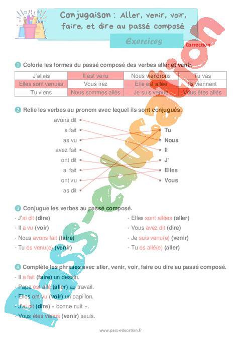 Aller, venir, voir, faire, et dire au passé composé – Exercices de conjugaison pour le ce1 ...