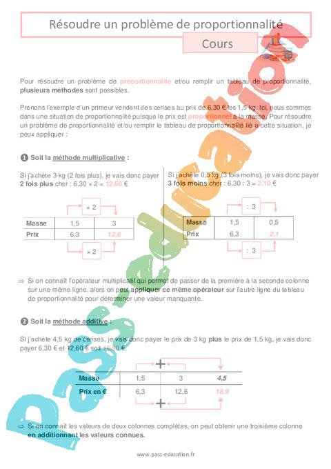 Résoudre un problème de proportionnalité (1) – Cours pour la 6ème – PDF ...