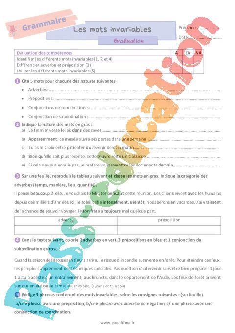Les mots invariables – Evaluation de grammaire pour la 6ème – Cycle 3 ...