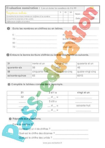 Bilan au Ce2 – Lire et écrire les nombres de 0 à 99 – Evaluation avec ...