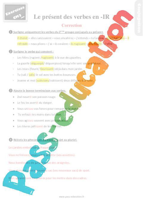 Le présent des verbes en -ir au Cm2 – Exercices, révisions – PDF à ...