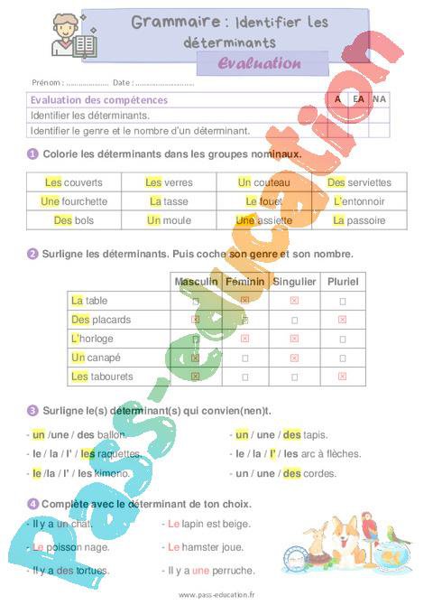 Identifier les déterminants – Évaluation de grammaire pour le ce1 – PDF ...