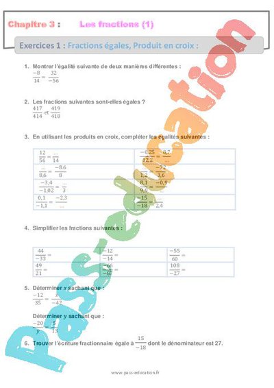 Fractions égales, Produit en croix – 4ème – Révisions – Exercices avec ...