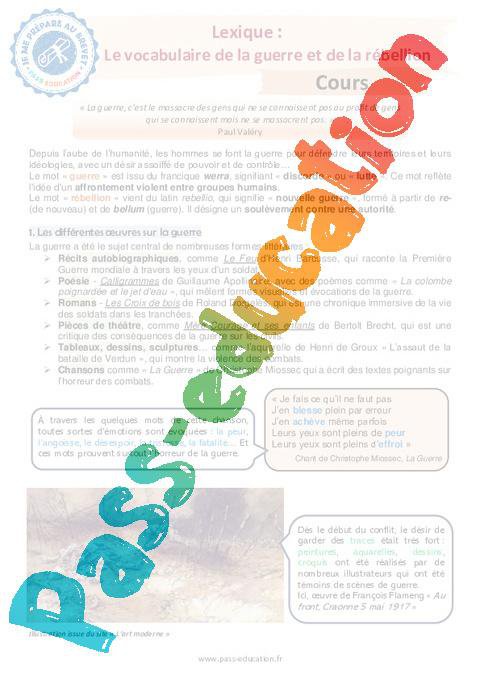 Le vocabulaire de la guerre et de la rébellion – 3ème – Lexique – Cours – PDF à imprimer par ...