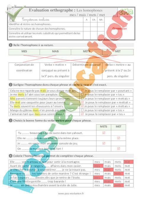 Les homophones : mes / mais / mets / met au CM2 – Evaluation: QCM ...