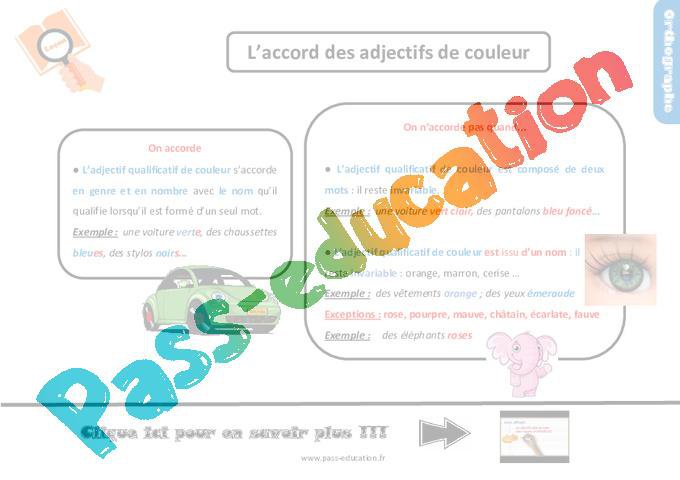 Accord des adjectifs de couleur au Cm2 – Leçon, trace écrite – PDF ...