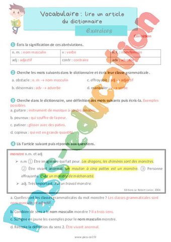 Lire un article de dictionnaire – Exercices de vocabulaire pour le ce2 ...