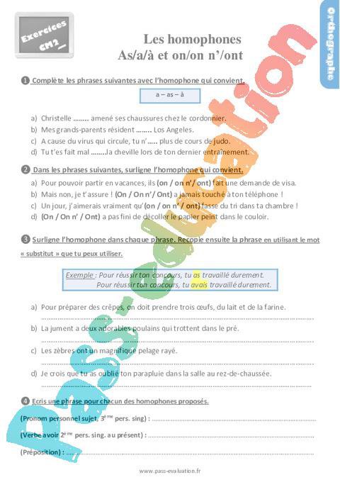 Bilan sur les homophones grammaticaux : « a/as/à » – « on/on n’/ ont » au CM2 – Evaluation avec ...