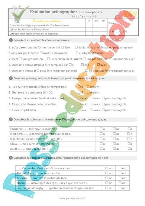 Les homophones a / as / à – on / ont au Cm1 – Evaluation: QCM – Quiz – Cycle 3 – PDF à imprimer ...