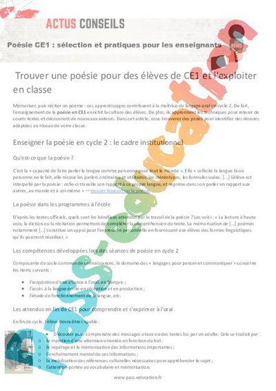 Poésie CE1 : sélection et pratiques pour les enseignants par Pass ...