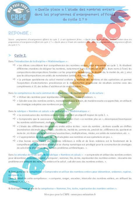 Quelle place a l’étude des nombres entiers dans les programmes d’enseignement officiels du cycle ...