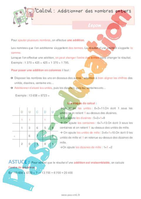 Additionner des nombres entiers – Leçon de calcul pour le cm1 – PDF ...