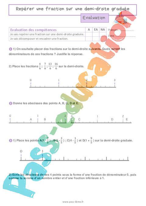 Repérer une fraction sur une droite graduée – Évaluation de 6ème ...