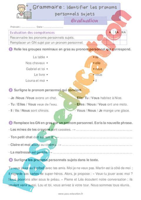Identifier les pronoms personnels sujets – Évaluation de grammaire pour le ce1 – Cycle 2 – PDF à ...