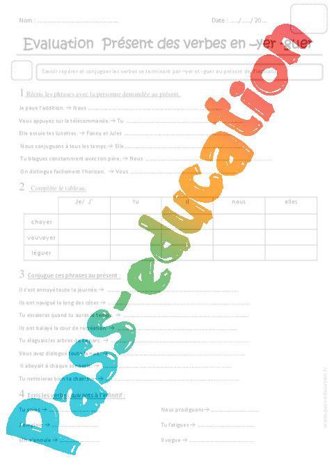 Présent des verbes en yer et guer – Cm2 – Evaluation – PDF à imprimer ...