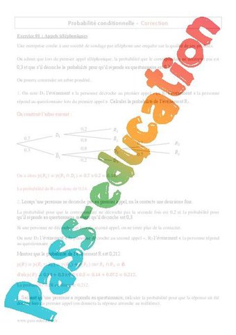 Probabilité conditionnelle – Terminale – Exercices corrigés – PDF à ...