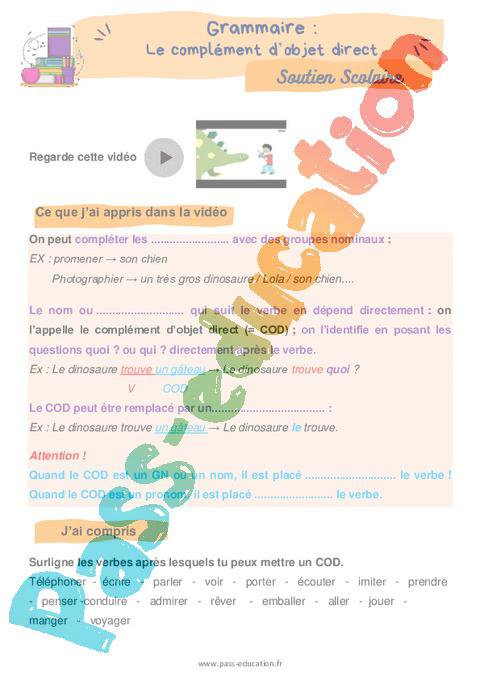Le complément d’objet direct (COD) au Cm1 – Soutien scolaire pour les ...