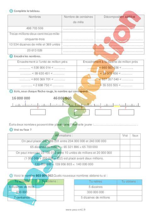 Les nombres inférieurs à 1 000 000 000 – Exercices de numération pour ...