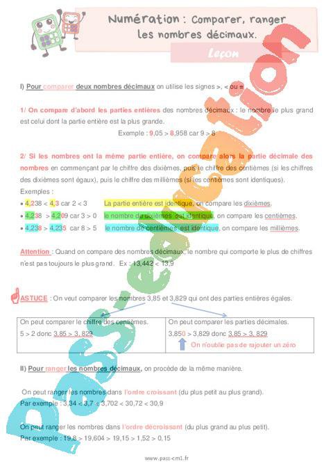 Comparer, ranger les nombres décimaux – Leçon de numération pour le cm1 ...