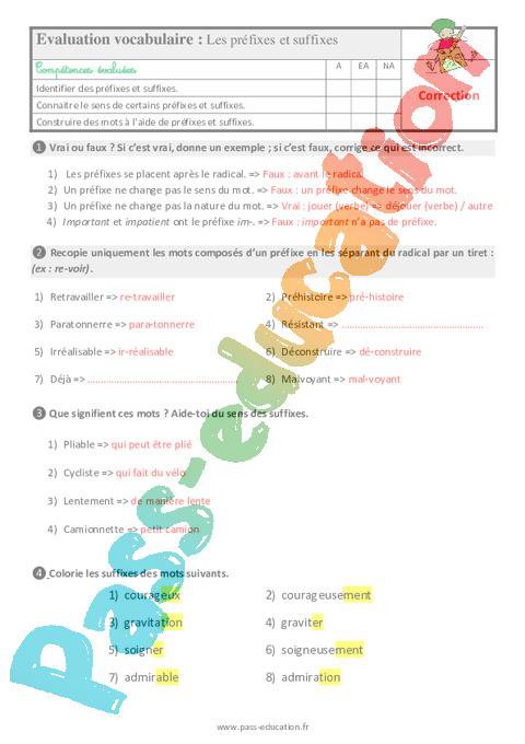 Les préfixes et les suffixes – Ce2 – Étude de la langue – Evaluation ...