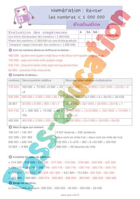 Les nombres inférieurs à 1 000 000 – Évaluation de numération pour le ...