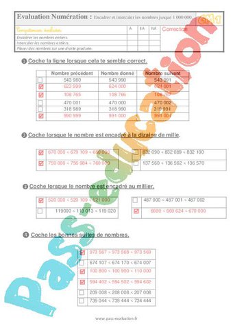 Encadrer et intercaler les nombres jusque 1 000 000 au Cm1 – Evaluation ...