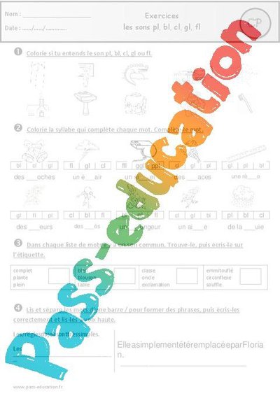Exercices – Sons pl, bl, cl, gl, fl – Cp – Etude des sons – Cycle 2 ...