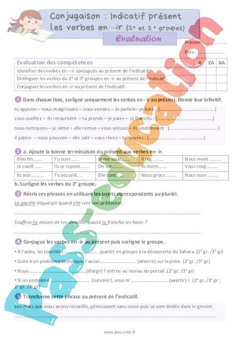 L’indicatif présent des verbes en –ir (2e et 3e groupes) – Évaluation de conjugaison pour le cm2 ...