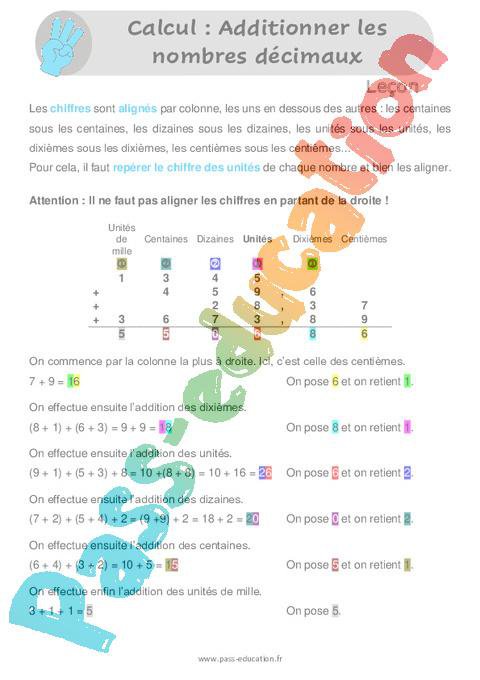 Additionner les nombres décimaux – Leçon au Cm1 et Cm2 par Pass ...