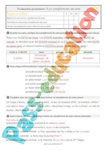 Les compléments du nom au Cm2 avec la correction – Évaluation, bilan ...