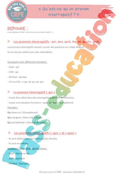 Qu’est-ce qu’un pronom interrogatif ? – crpe 2026 – pdf à imprimer par ...