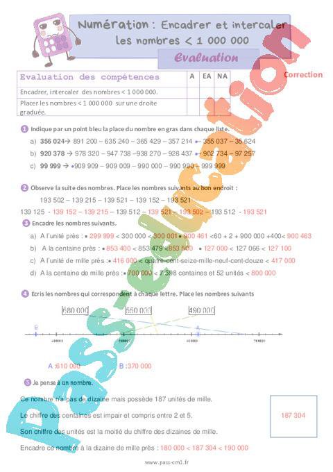 Encadrer, intercaler les nombres inférieur à 1 000 000 – Évaluation de ...