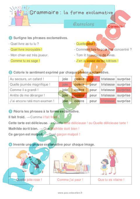La forme exclamative – Exercices de grammaire pour le ce1 – Cycle 2 – PDF à imprimer par Pass ...