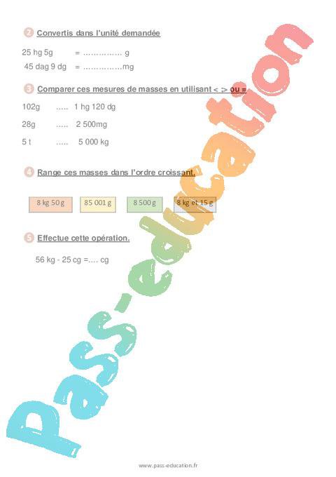 Les mesures de masse – CM2 – Soutien scolaire pour les élèves en difficulté. – Cycle 3 – PDF à ...