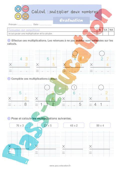 Multiplier deux nombres au Ce1 – Evaluation – Cycle 2 – PDF à imprimer ...