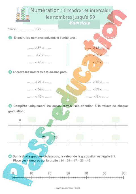 Encadrer et intercaler les nombres jusqu’à 59 – Ce1 – Exercices – Cycle ...