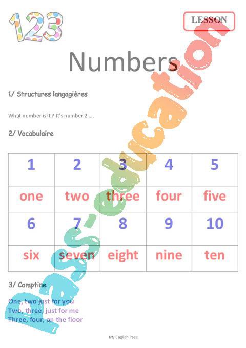Numbers – Leçon d’anglais CP – CE1 – Séquence 3 – My English Pass – PDF ...