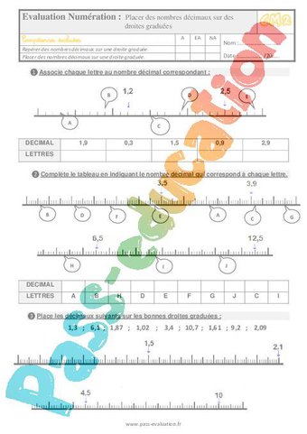 Evaluation et bilan pour le Cm2 sur placer des nombres décimaux sur des ...