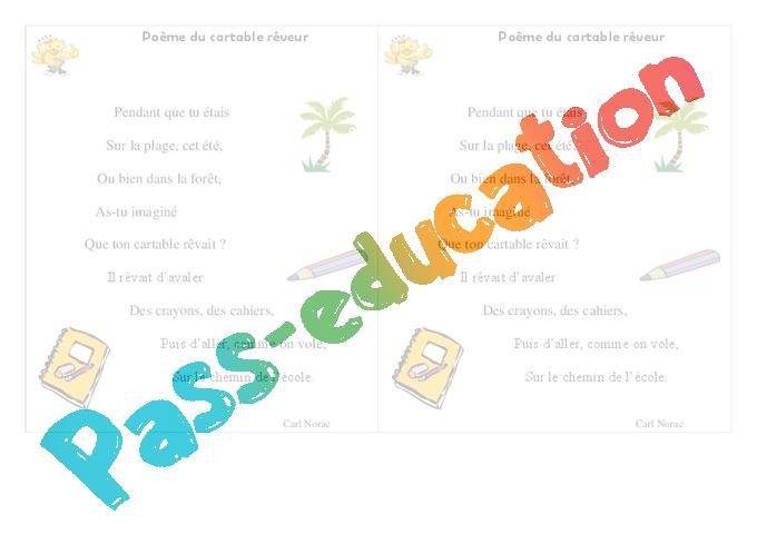 Poème du cartable rêveur – Poésie sur la rentrée – Ce2 – Cycle 2 – PDF ...