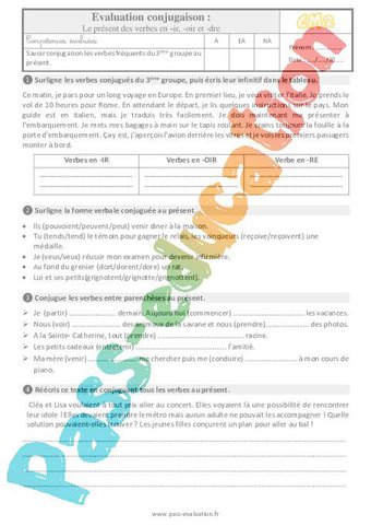 Evaluation avec le corrigé sur le présent des verbes en –ir, -oir, -dre ...