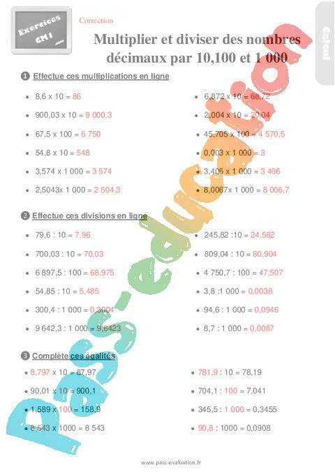 Evaluation et bilan pour le CM1 sur multiplier et diviser des nombres ...