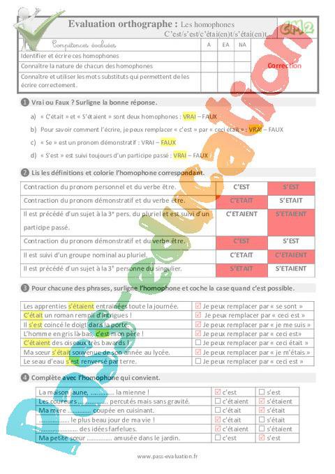Les homophones grammaticaux : C’est/s’est/c’étai(en)t/s’étai(en)t au Cm2 – Evaluation: QCM ...