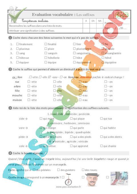 Les suffixes au Cm2 – Evaluation: QCM – Quiz – PDF à imprimer par Pass ...